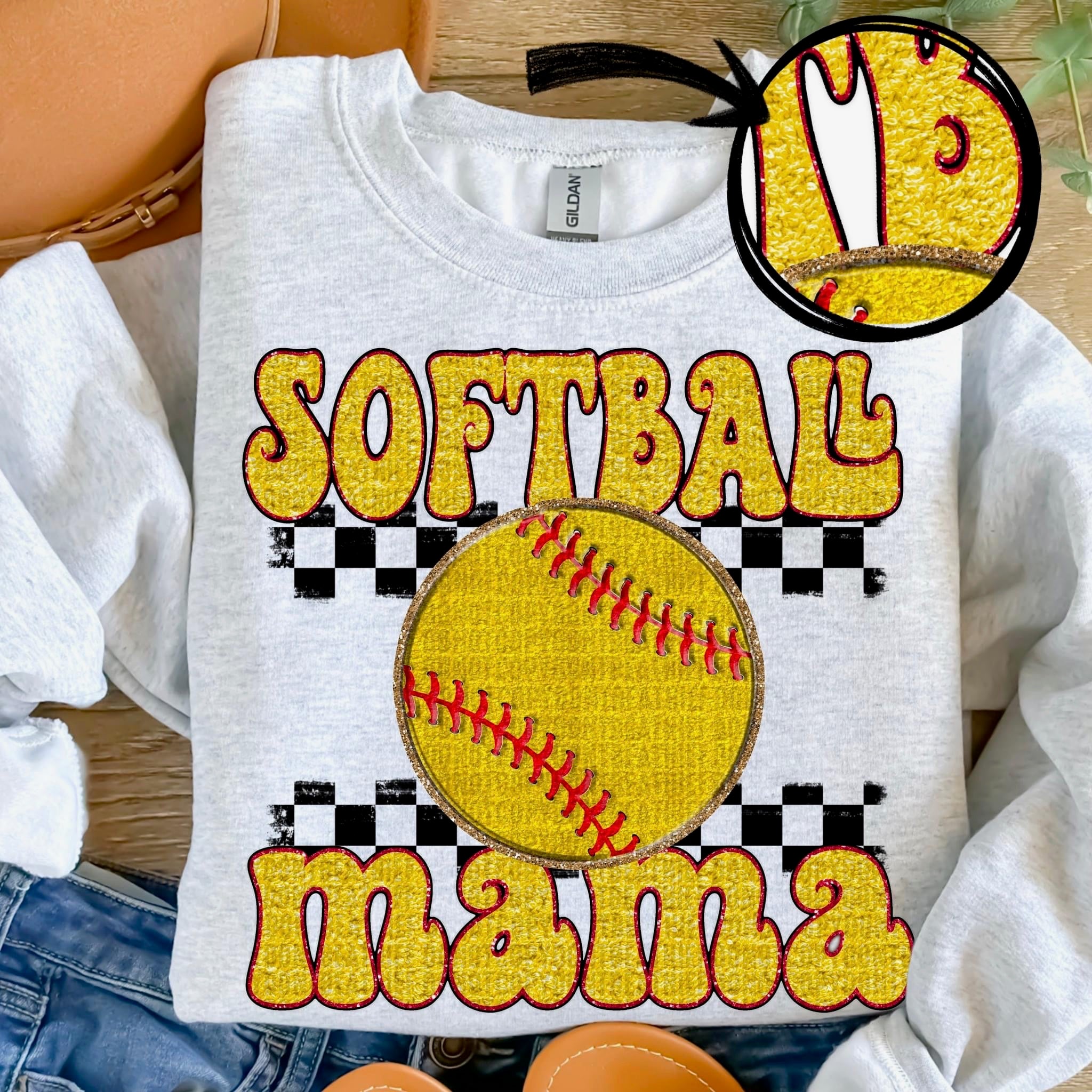 Softball Mama Faux Chenille Checkered TRANSFER – Sassy Sublimation ...