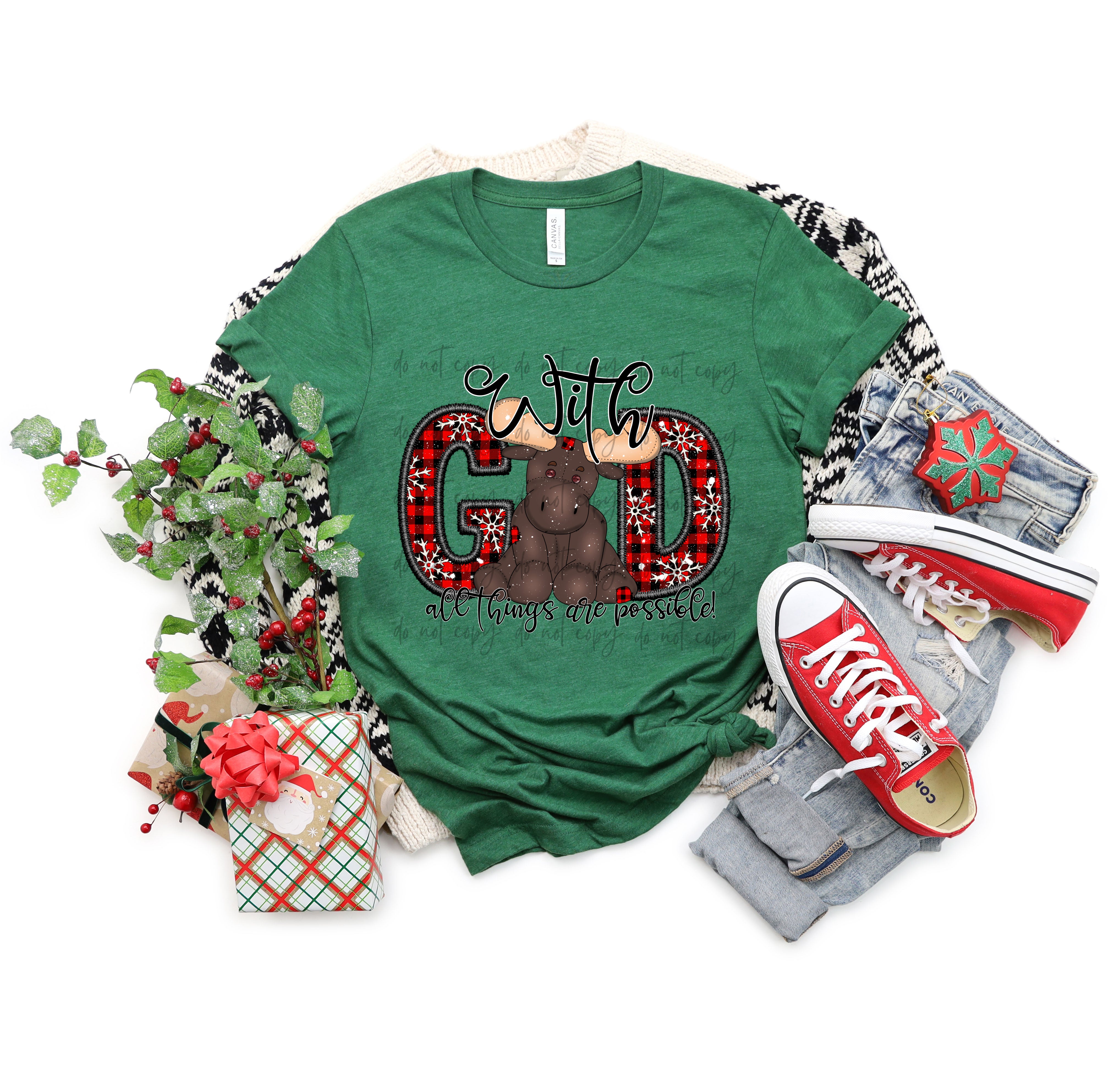 With God All Things Are Possible Faux Embroidery Buffalo Plaid Reindee ...