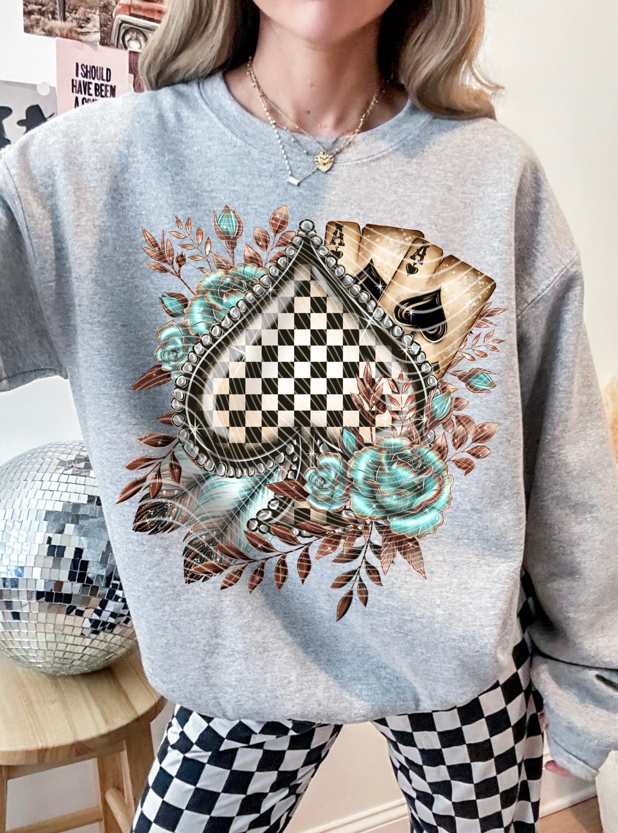 Checkered Spade Floral Black Teal With SLEEVE OPTION TRANSFER AGCM JAN ...