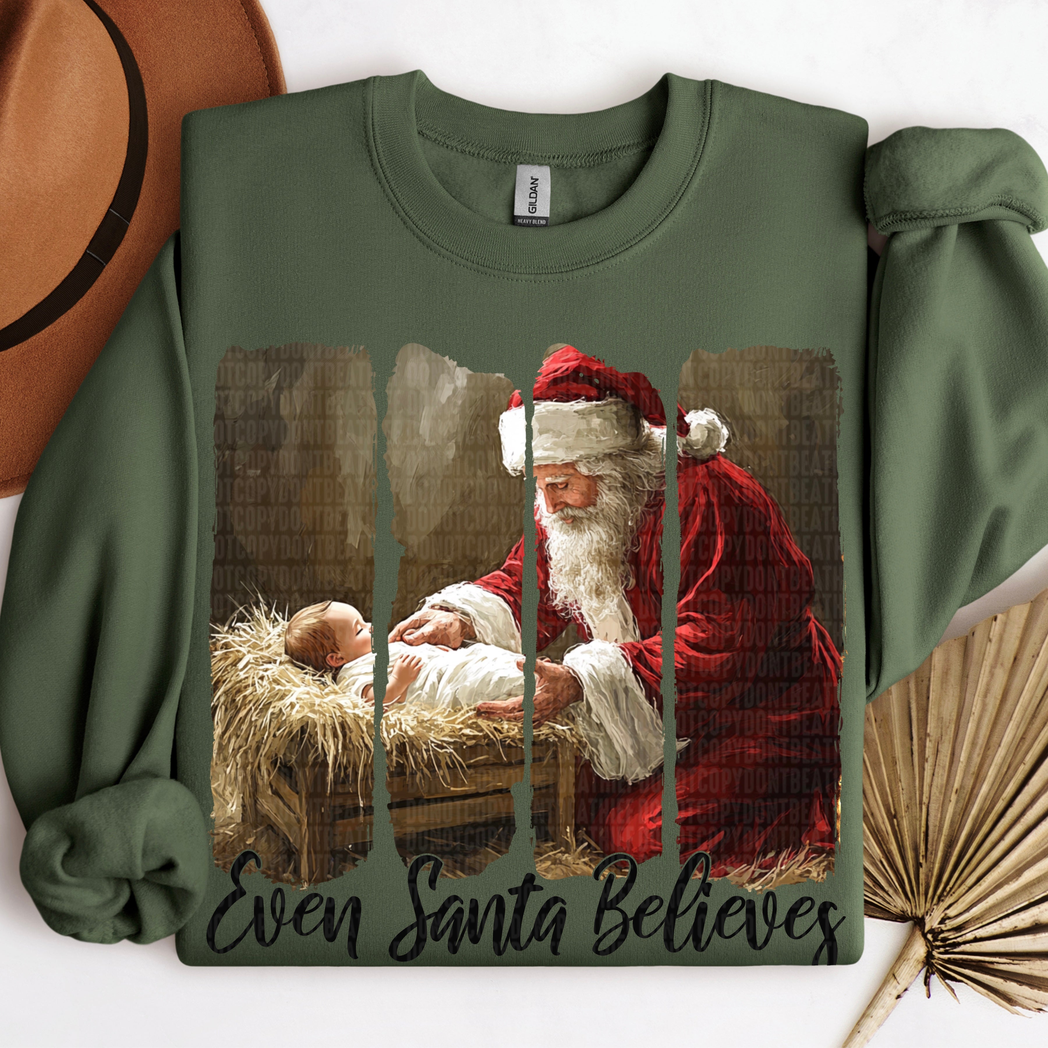 Even Santa Believes Distressed Edge Panels Santa And Baby Straw Crib T ...