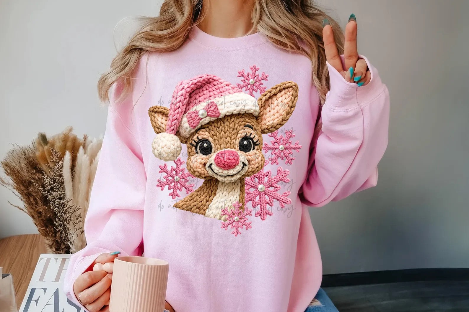 Reindeer Pink Hat Snowflake Faux Hook Yarn TRANSFER ET NOV 25 – Sassy ...