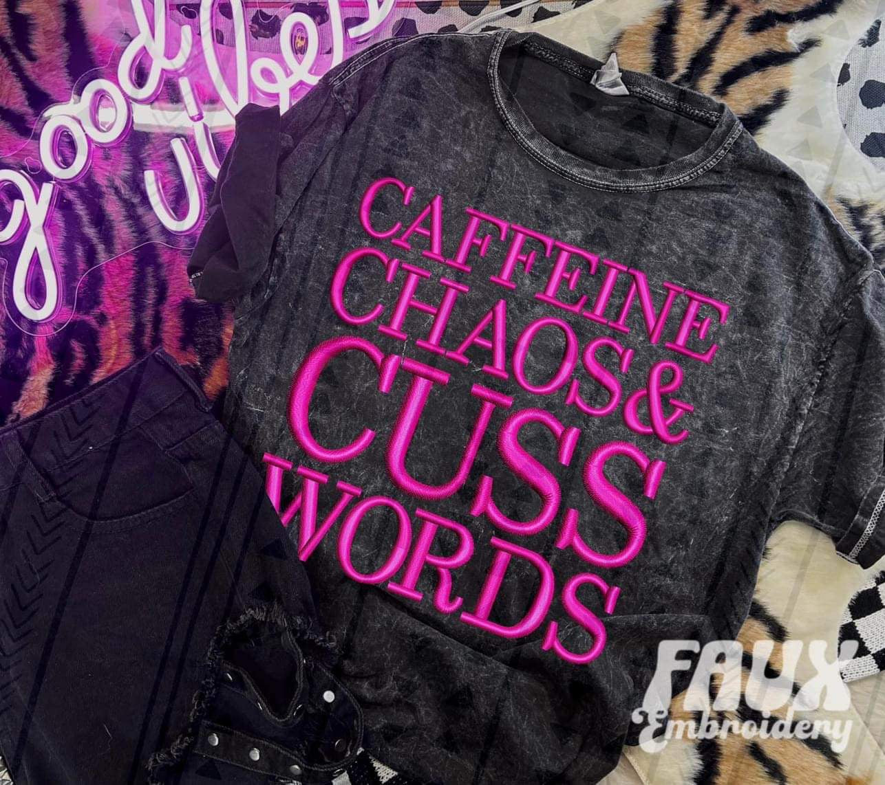 Caffeine Chaos And Cuss Words Faux Embroidery Pink TRANSFER – Sassy ...