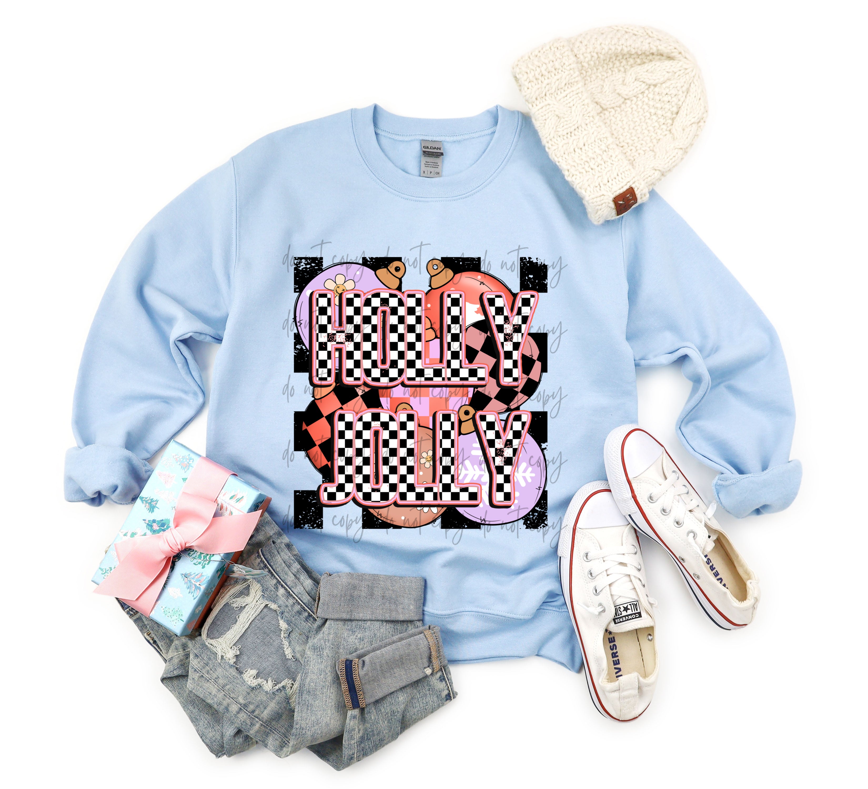 Holly Jolly Retro Daisy Ornaments And Checkered Background TRANSFER ...