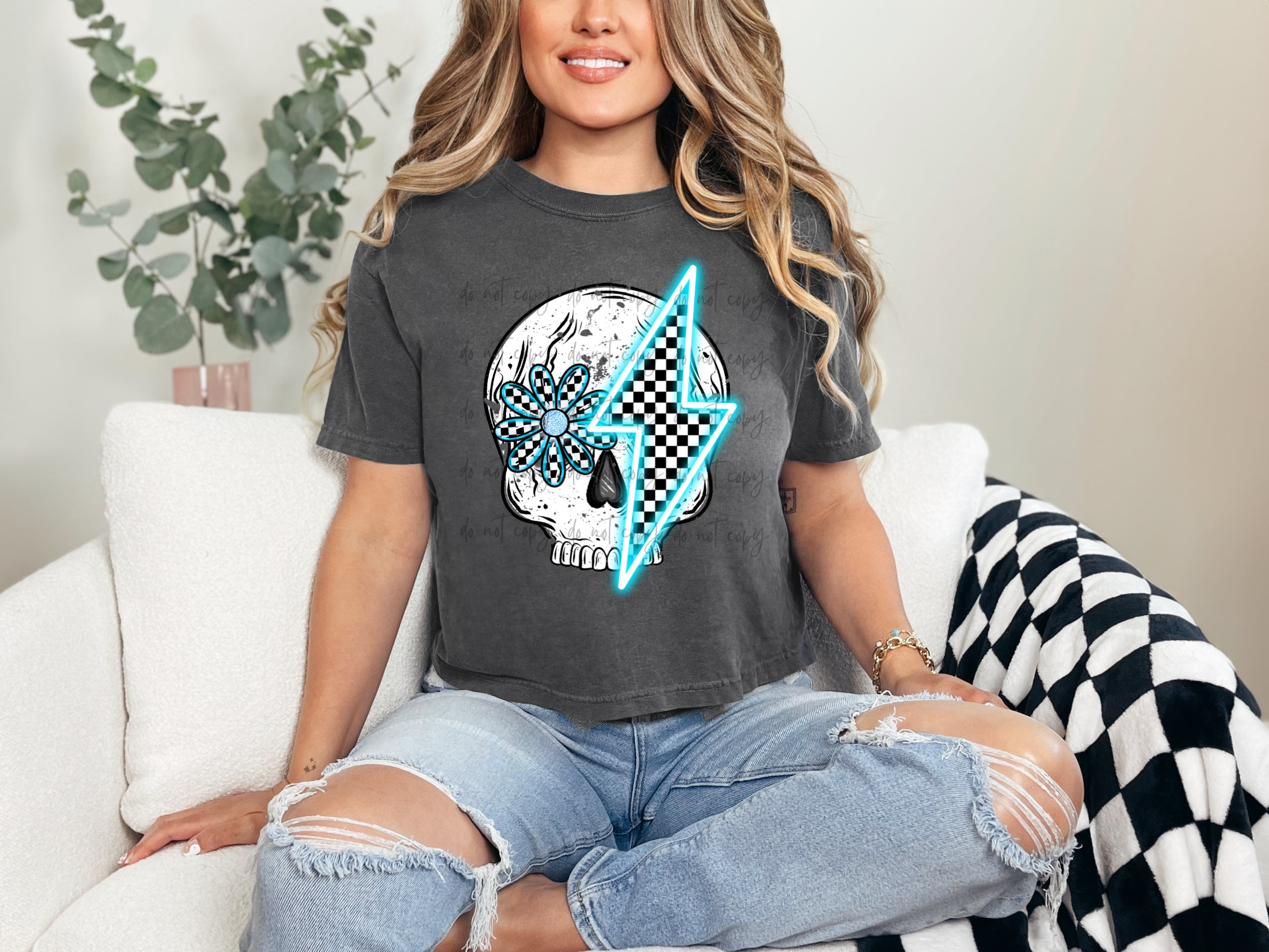 Skully With Checkered Daisy Lightening Bolt TRANSFER – Sassy ...